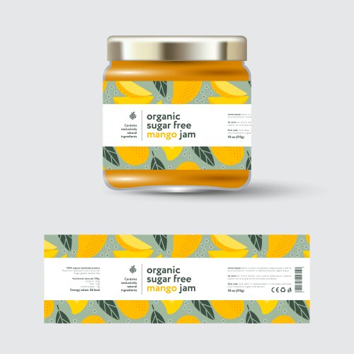 Jam mango label and packaging jar with cap Vector Image