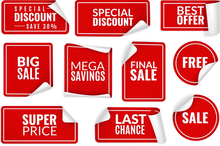 Red sticker with curled corner white letters Vector Image