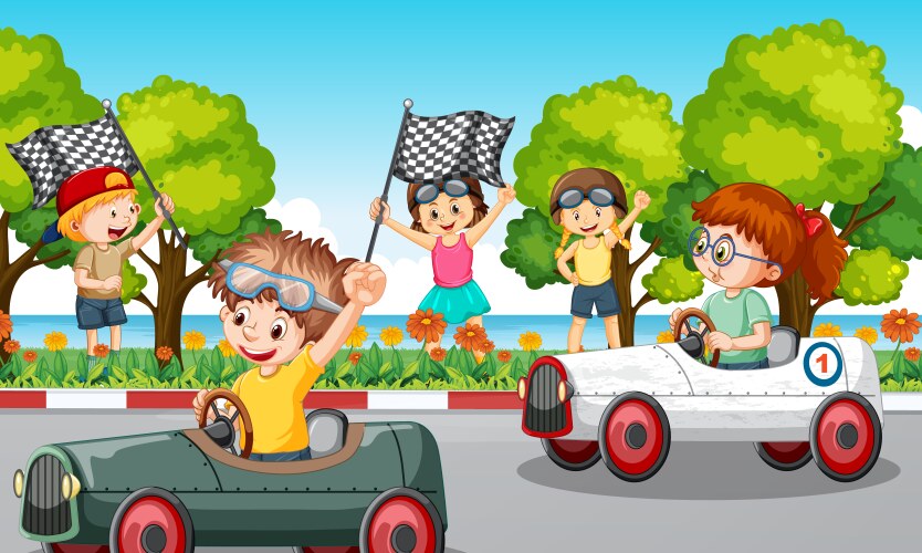 Three kids playing car racing Royalty Free Vector Image