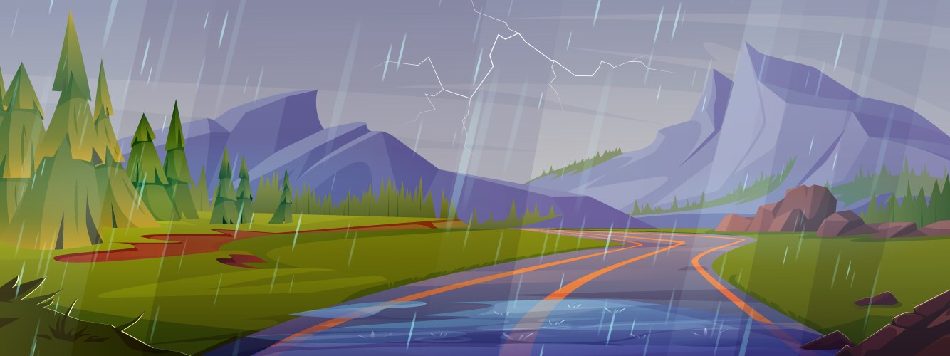 Storm rainy landscape with mountain and houses Vector Image