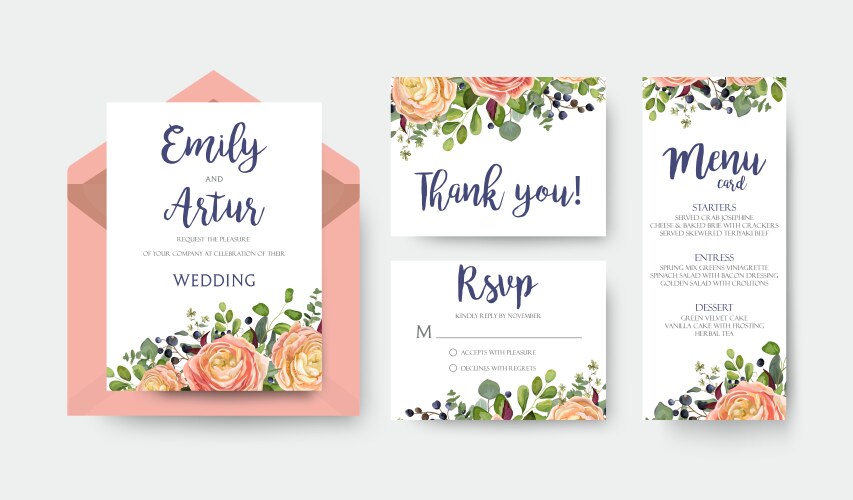 Wedding invite thank you rsvp card design set Vector Image