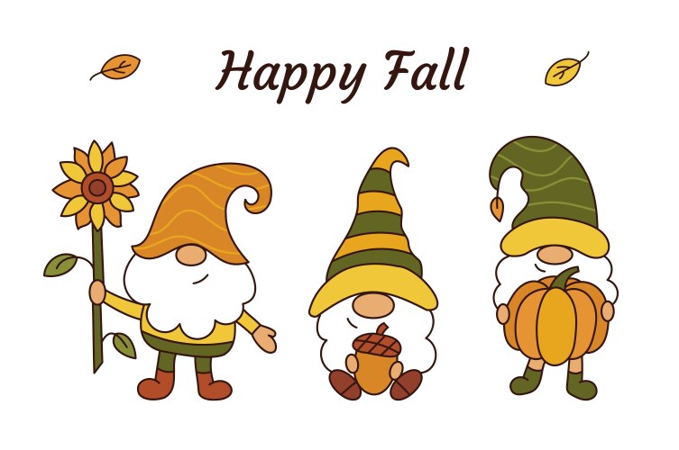 Gnomes in autumn disguise with pumpkin and leaf Vector Image