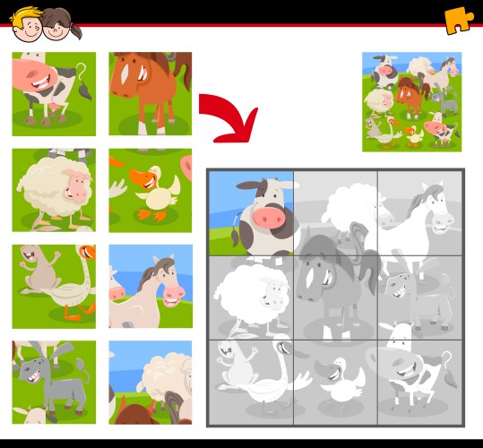 Jigsaw puzzles with happy farm animals Royalty Free Vector