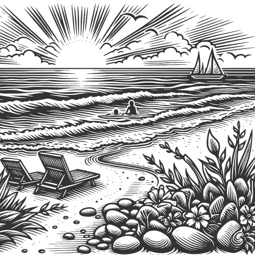 Beach Scene Black and White Vector Images (over 520)