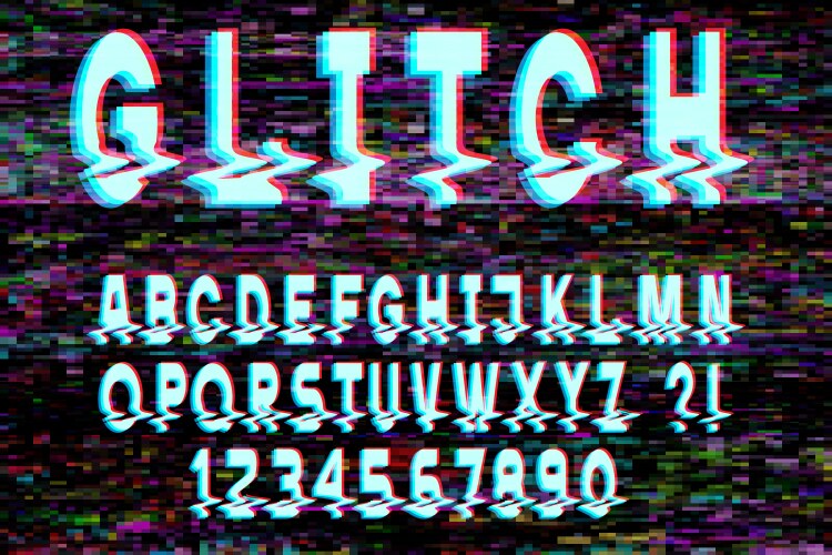 Glitch alphabet font with distortion effect Vector Image