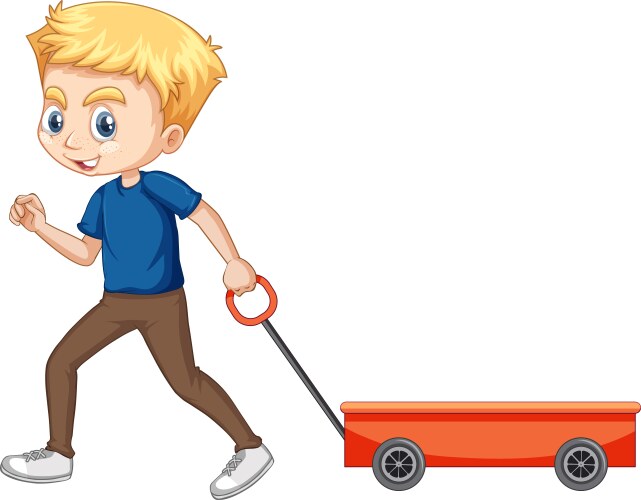 Boy pulling wagon cart on white background Vector Image