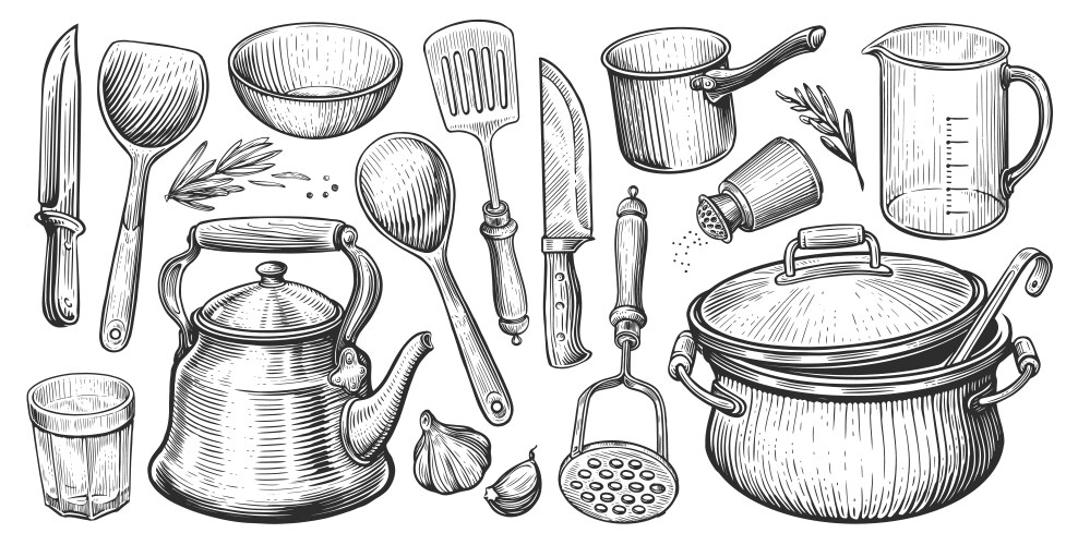 Kitchen utensils sketch cooking equipment frying Vector Image