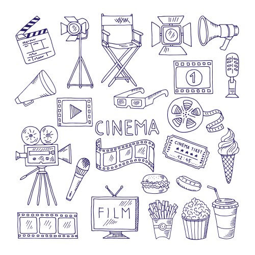 Cinema and movie hand drawn set of filmmaking Vector Image