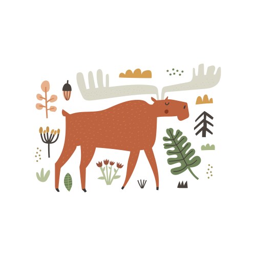 Hand drawn horned moose character and forest Vector Image