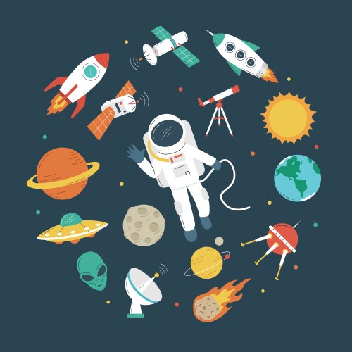 Astronaut sprays stars and planets Royalty Free Vector Image