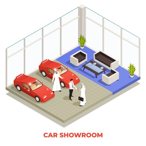 Car showroom center with autos exhibition inside Vector Image