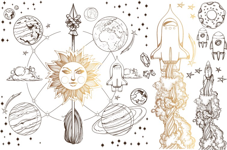 Hand drawn solar system with sun planets stars Vector Image