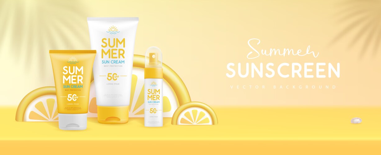 Summer beach background with set of sunscreens Vector Image