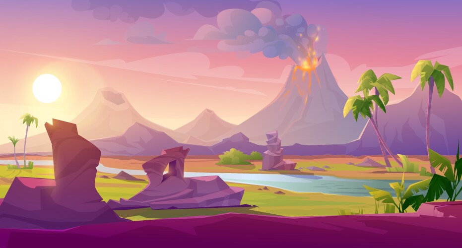 Volcano eruption cartoon background Royalty Free Vector