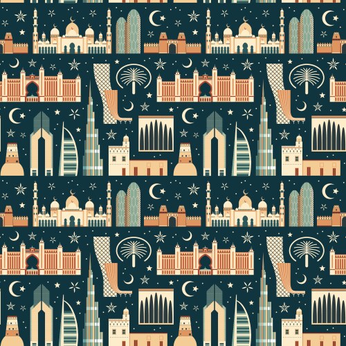 Uae travel pattern with landmarks and animals Vector Image
