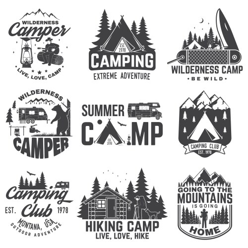 Big set mountain camp outdoor adventure Royalty Free Vector