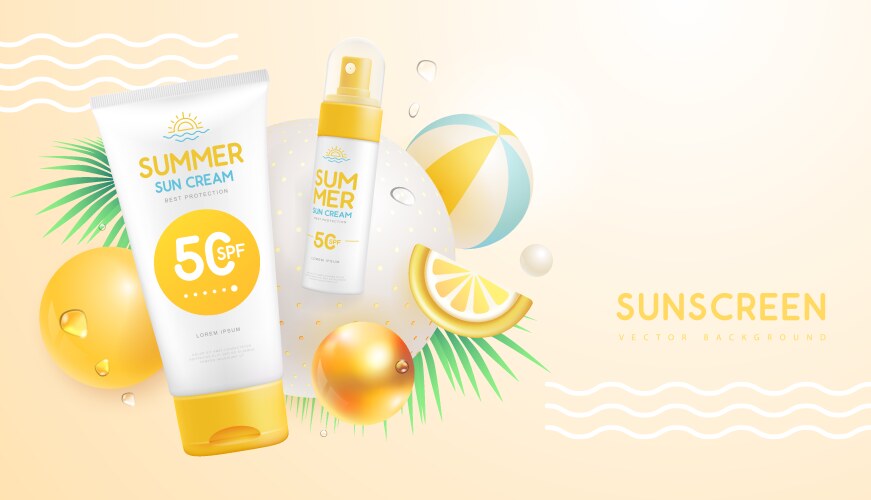 Summer background with 3d stgae and sunscreen tube