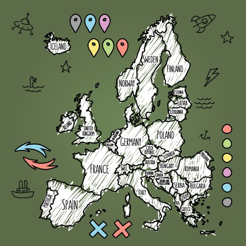 Doodle europe map on navy chalkboard with pins Vector Image