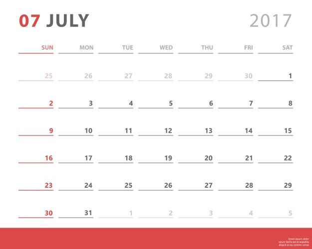 July monthly calendar for 2020 year Royalty Free Vector