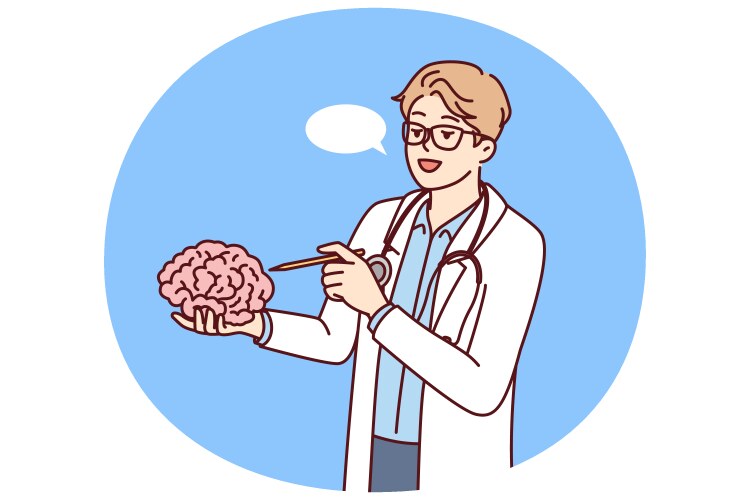 Doctor holds brain in hand explaining work Vector Image