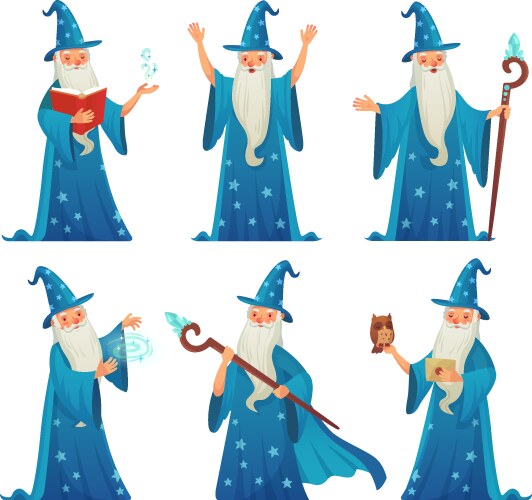 Wizard male cartoon mascot in action poses Vector Image