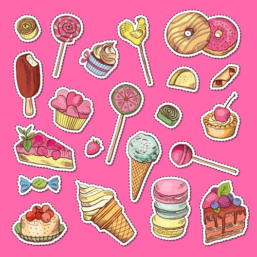 Stickers of cakes and sweet desserts Royalty Free Vector