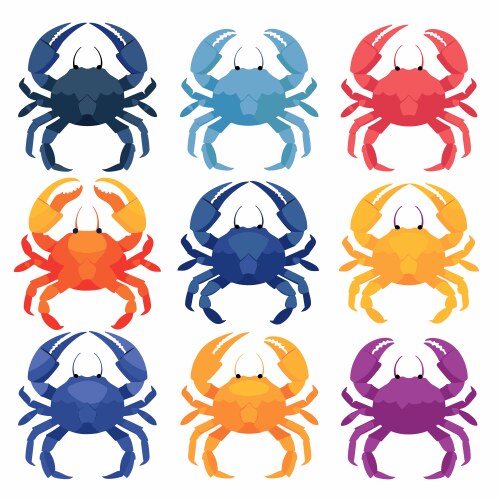 Collection colorful crabs various patterns hues Vector Image