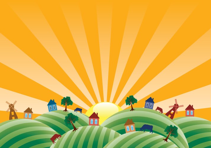 Abstract rural landscape with rising sun Vector Image