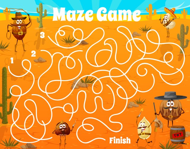 Labyrinth maze game cartoon fruit western cowboys Vector Image