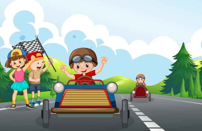 Three kids playing car racing Royalty Free Vector Image