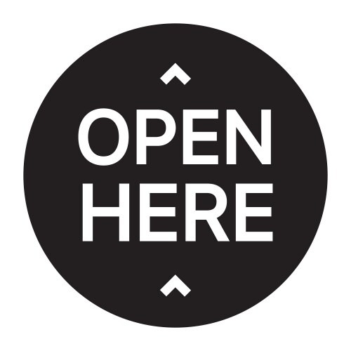 Open here sticker circle shape pink color Vector Image