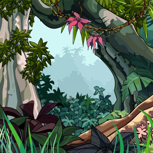Cartoon tropical forest with trees and plants Vector Image