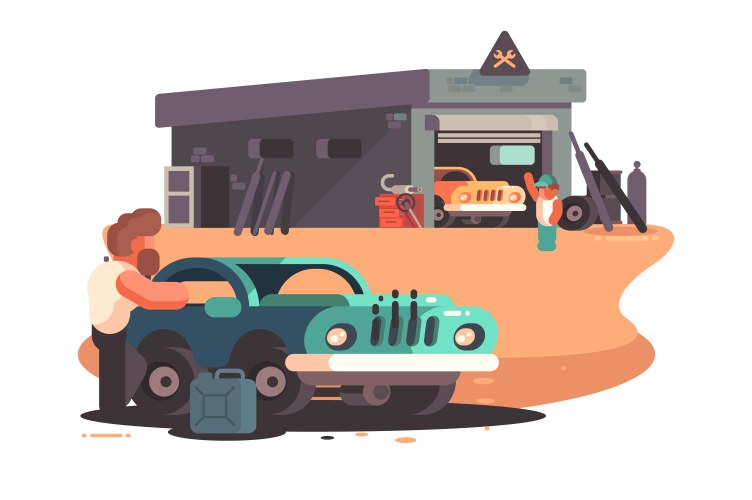 Car repair mechanic shop with automobile inside Vector Image