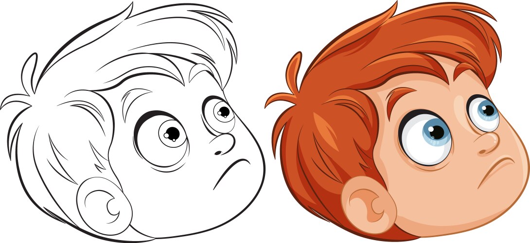 Cartoon boy sitting down looking up thoughtfully Vector Image