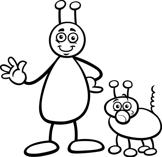 Alien and dog cartoon coloring page Royalty Free Vector