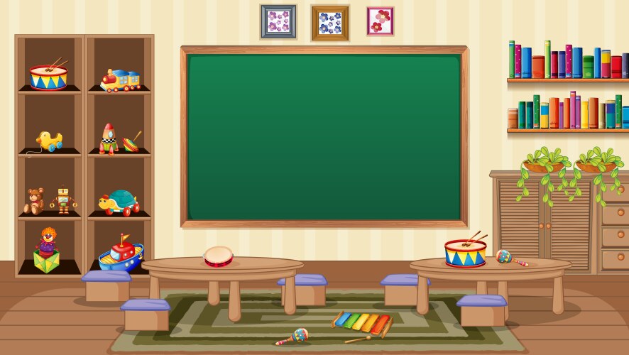 School classroom with chalkboard and desks class Vector Image