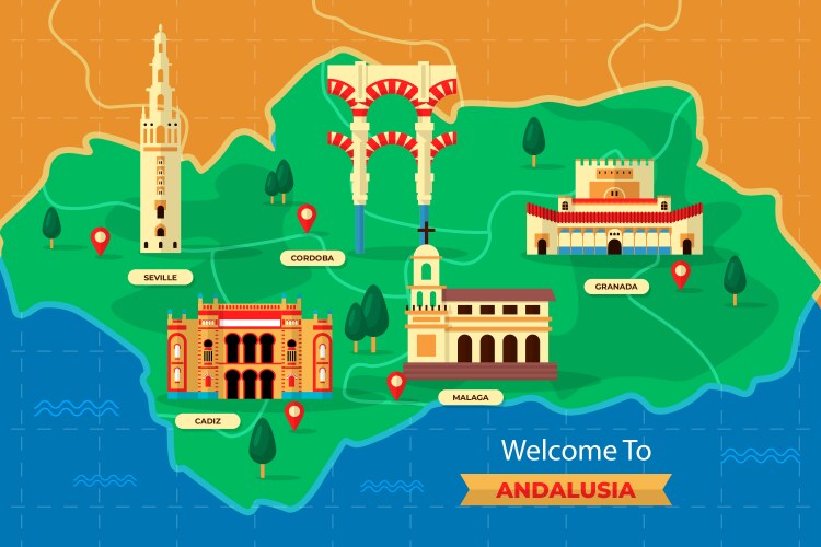 Andalusia map with landmarks Royalty Free Vector Image