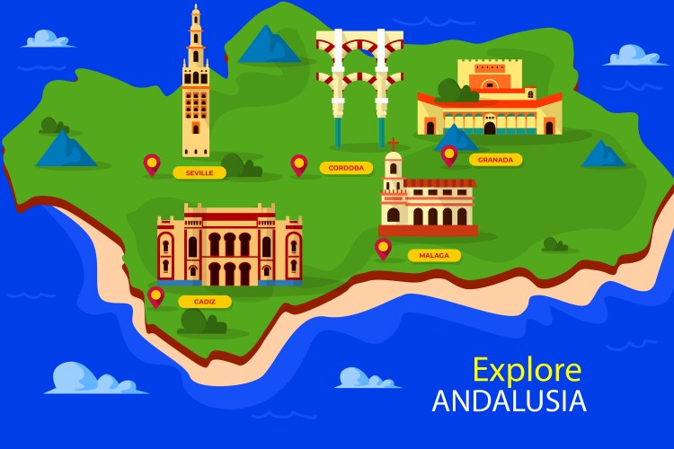 Andalusia map with landmarks Royalty Free Vector Image