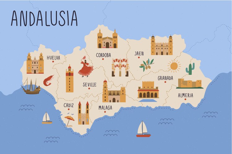 Andalusia map with landmarks Royalty Free Vector Image