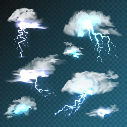 Realistic clouds with lightning on transparent Vector Image