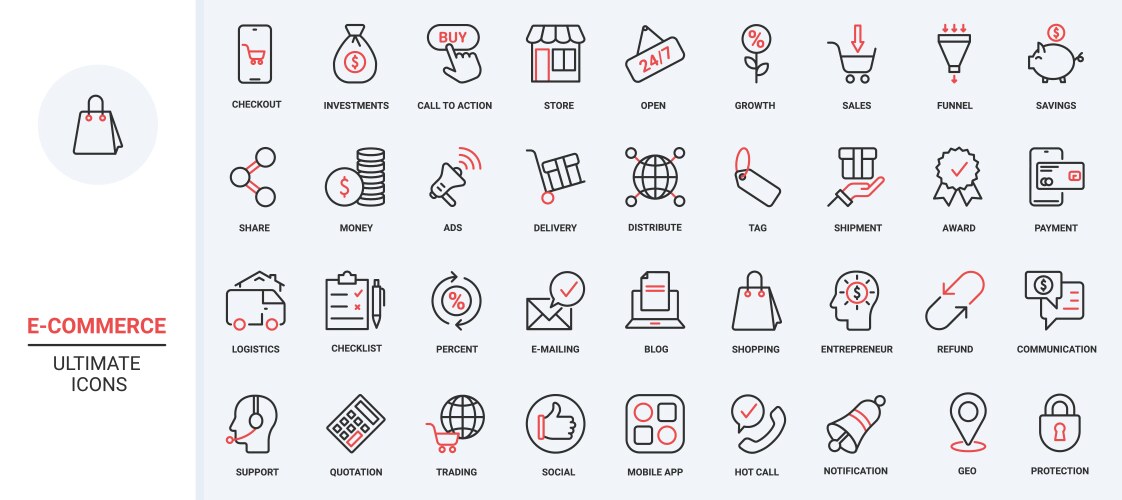 Ecommerce thin black and red line icons set shop Vector Image
