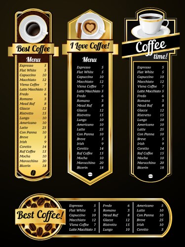 Coffee menu with cup of and price list Royalty Free Vector