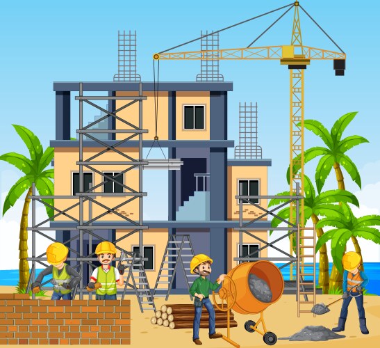 Cartoon construction worker on scaffolding Vector Image