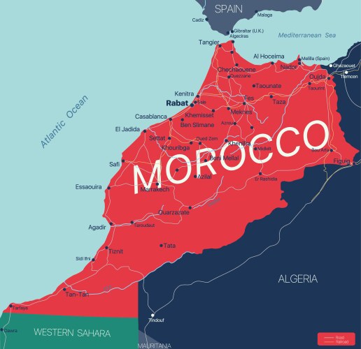 Morocco map with cities luminous dots - neon Vector Image