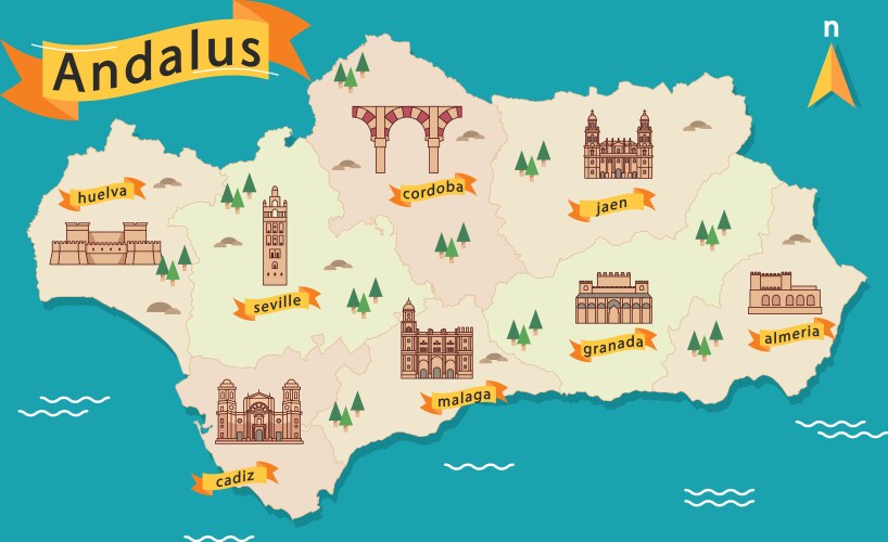 Andalusia map with landmarks Royalty Free Vector Image