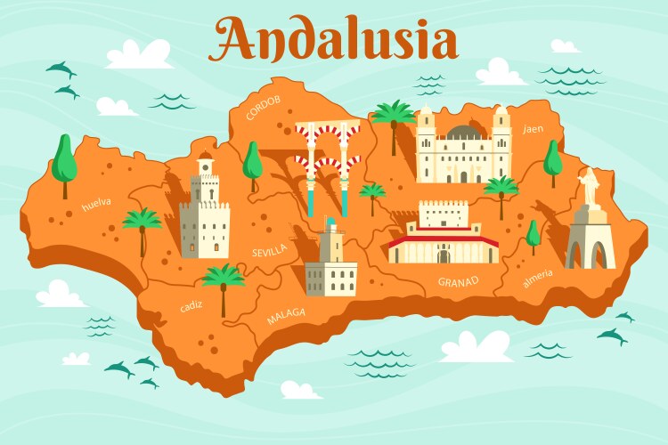 Andalusia map with landmarks Royalty Free Vector Image
