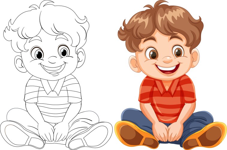 Cheerful boy with crayons stars and cloud frame Vector Image