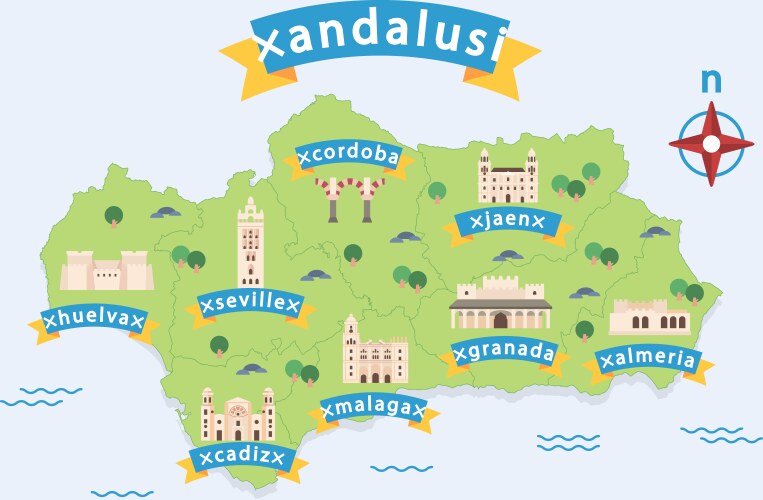 Andalusia map with landmarks Royalty Free Vector Image