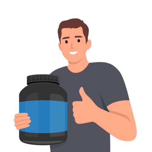 Smiling bodybuilder holding protein bottle Vector Image