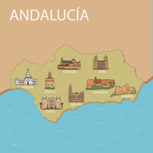 Andalusia map with landmarks Royalty Free Vector Image